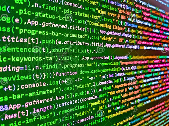 JS, Closeup Cooperating in Web Specialist Apps, HTML Code on the Screen ...