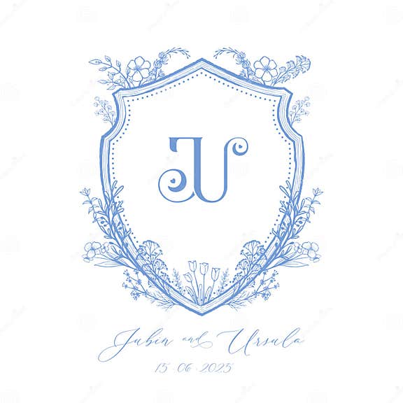 Elegant Wedding Floral Crest with J and U Initial Monogram Logo Stock ...