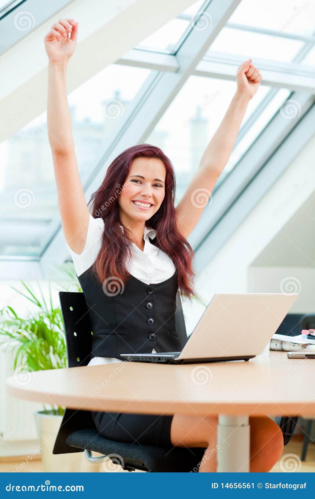 Jubilant female clerk stock image. Image of computer - 14656561
