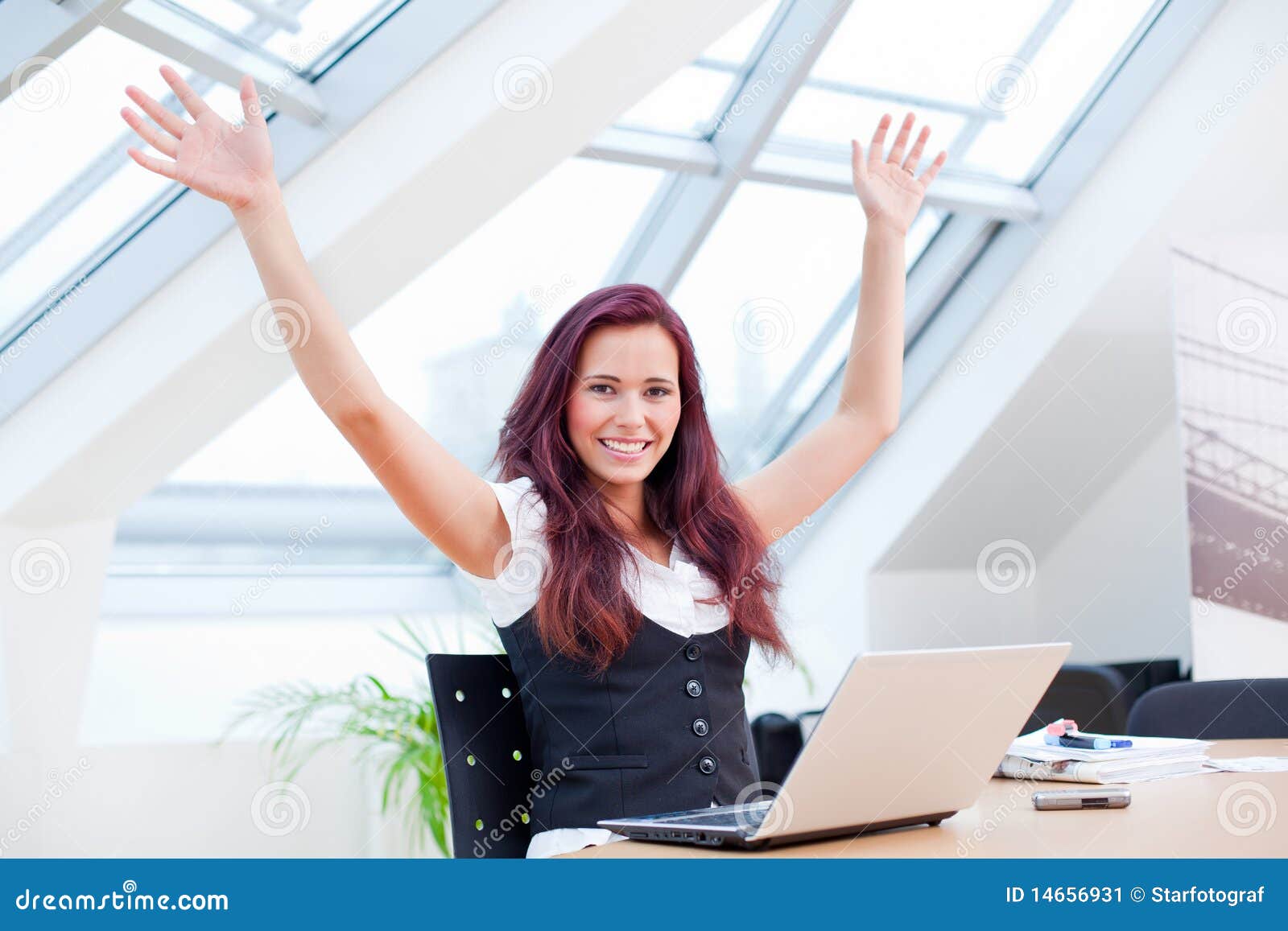 Jubilant young secretary stock image. Image of computer - 14656931