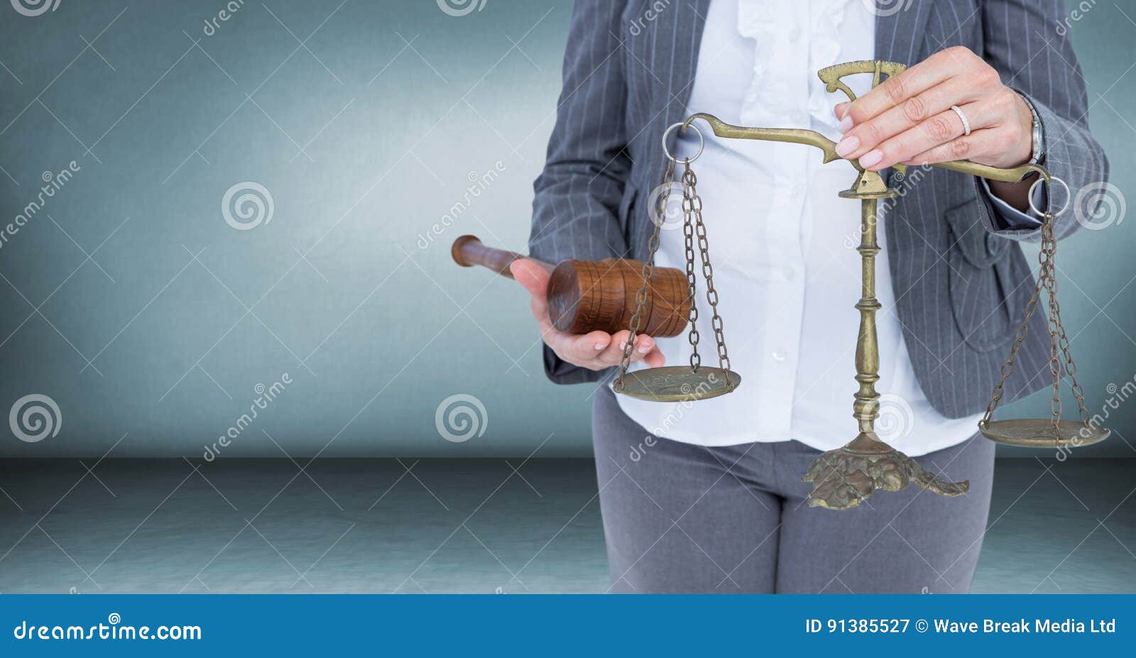 Judge with Balance Scale and Hammer in Front of Blue Room Stock Image ...