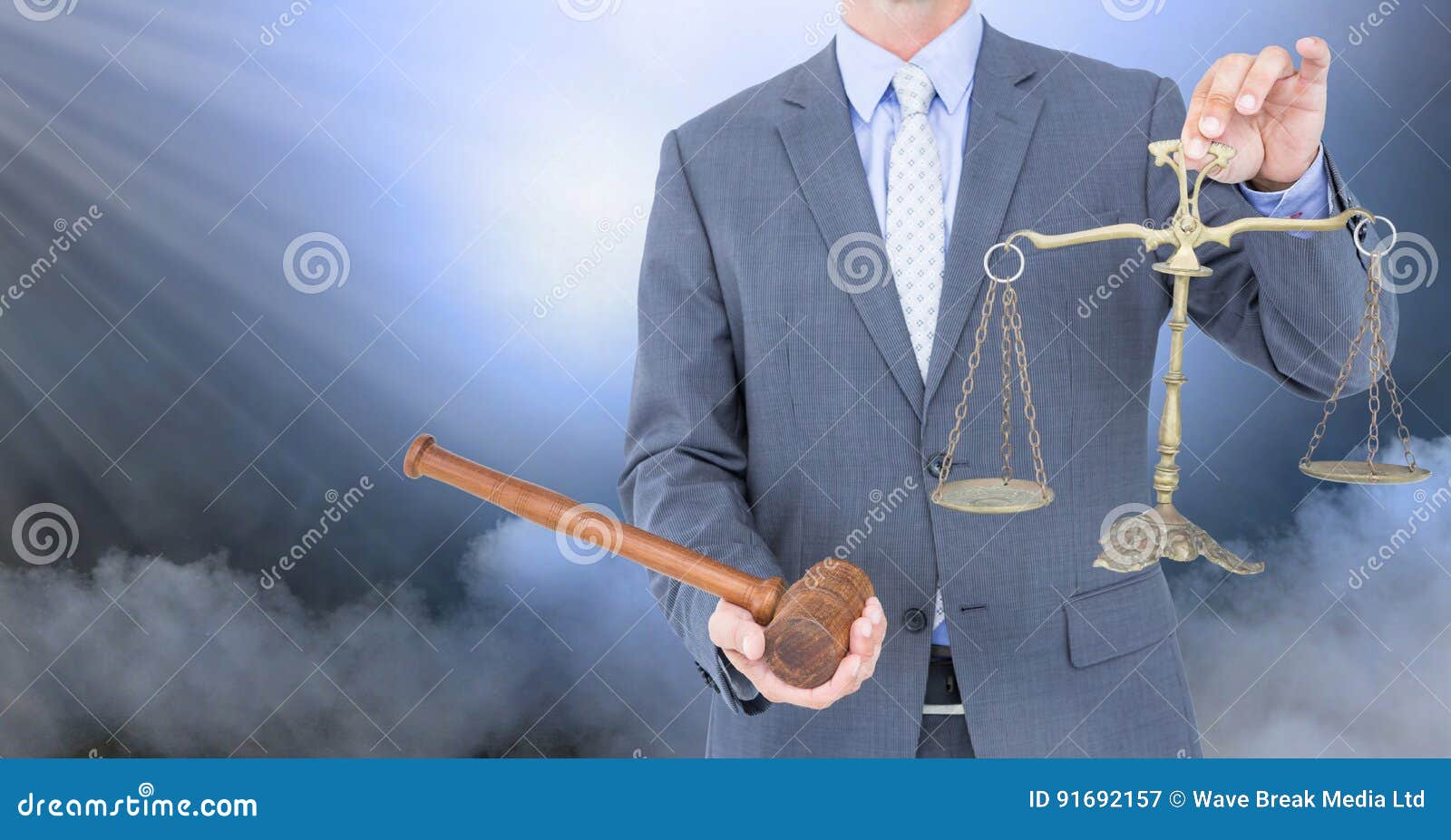 Judge with Balance Scale and Hammer in Front of Clouds Stock Image ...