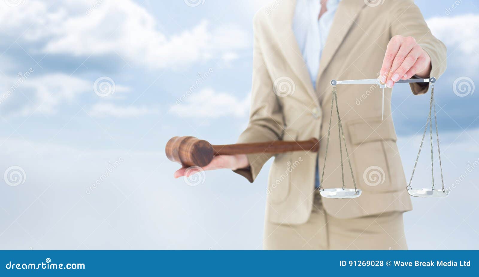 Judge with Balance Scale and Hammer in Front of Sky Clouds Stock Photo ...