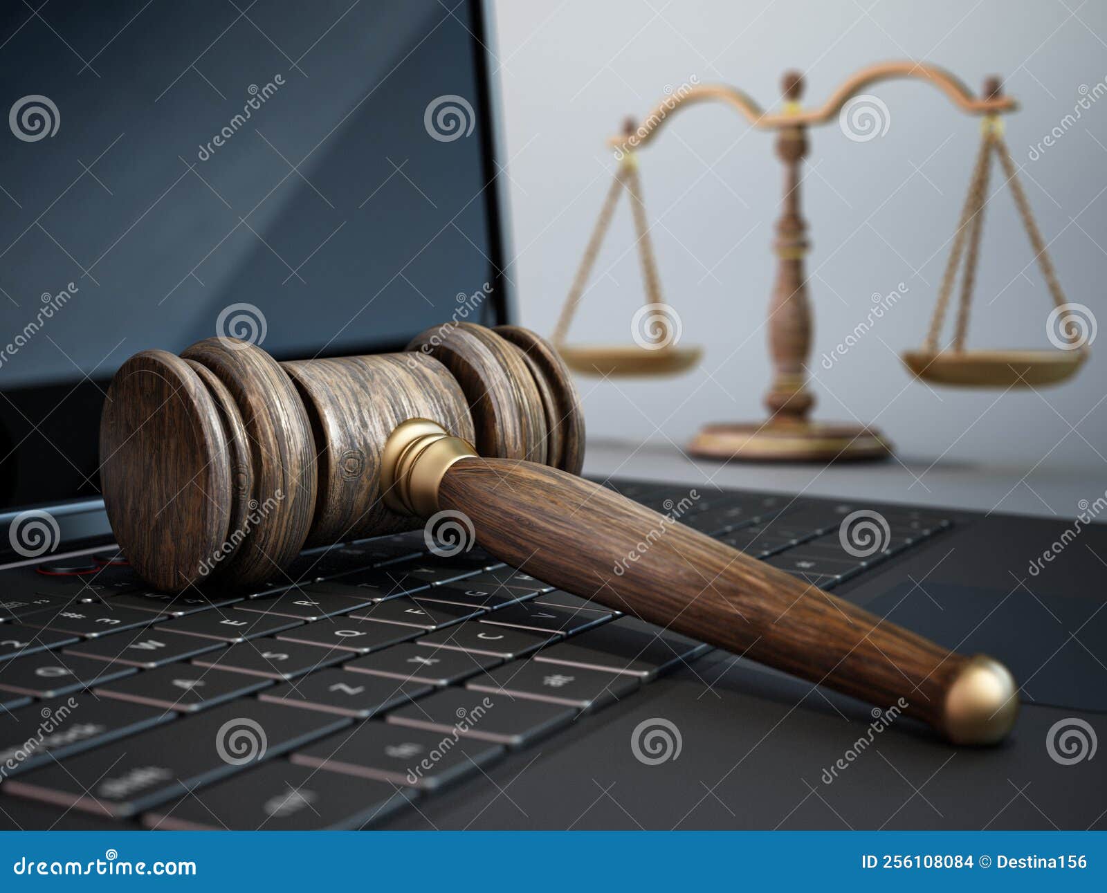Judge Gavel and Balanced Scale Standing on Laptop Computer Keyboard. 3D ...