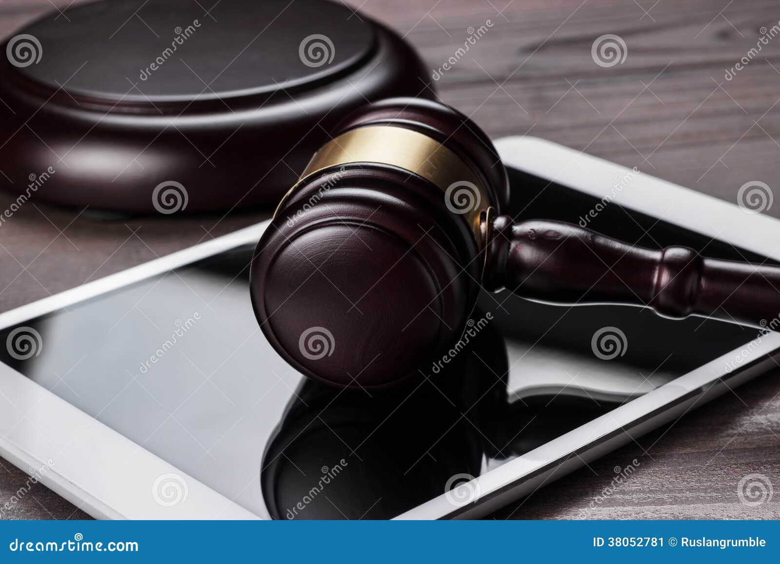 Judge Gavel and Tablet Computer on Brown Wooden Stock Image - Image of ...