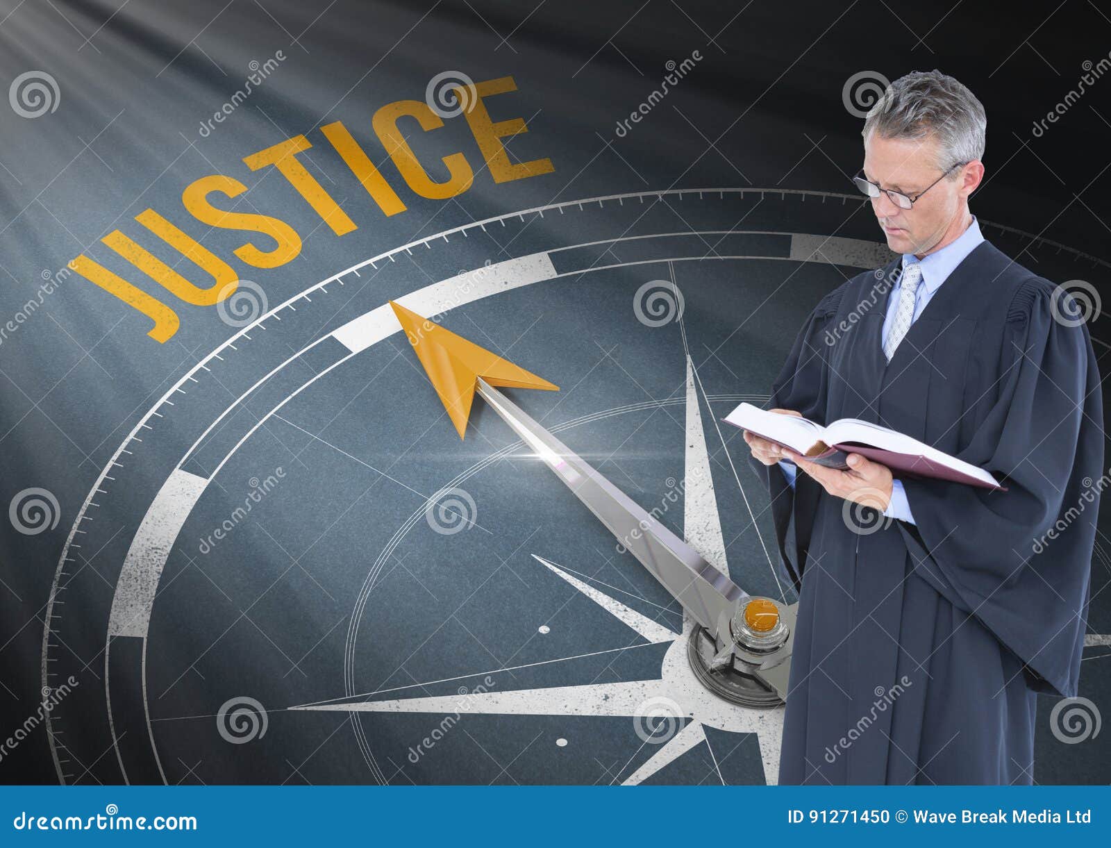 Judge Holding Book in Front of Justice Text and Compass Stock Photo ...