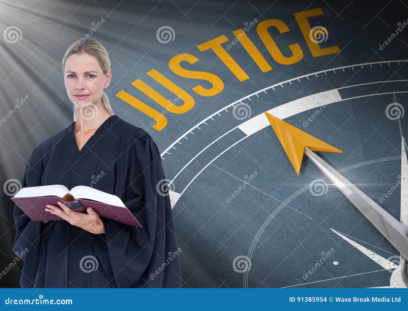 Judge Holding Book in Front of Justice Text and Compass Stock Photo ...