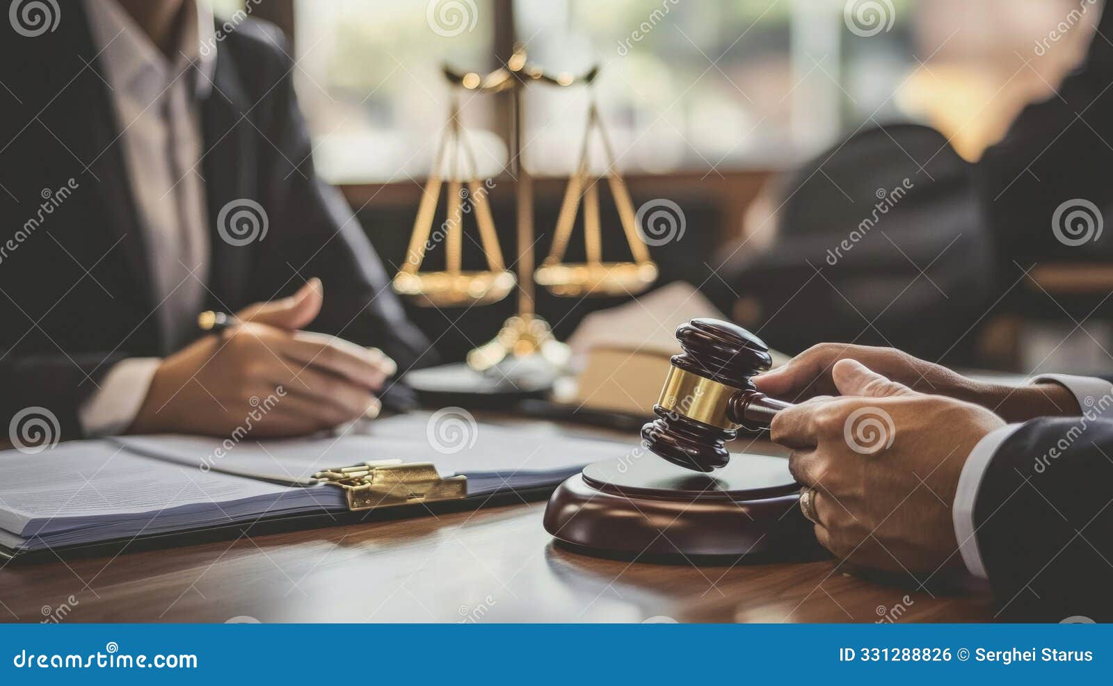 A Judge Holding a Gavel in Front of Two People, AI Stock Photo - Image ...