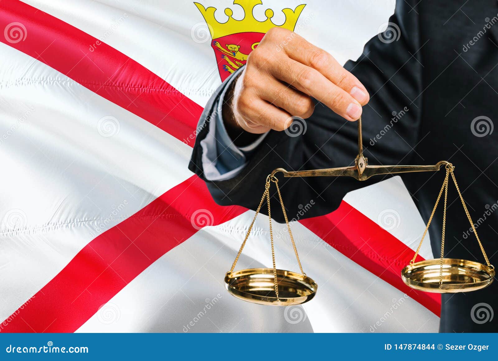 Judge Is Holding Golden Scales Of Justice With Jersey Waving Flag