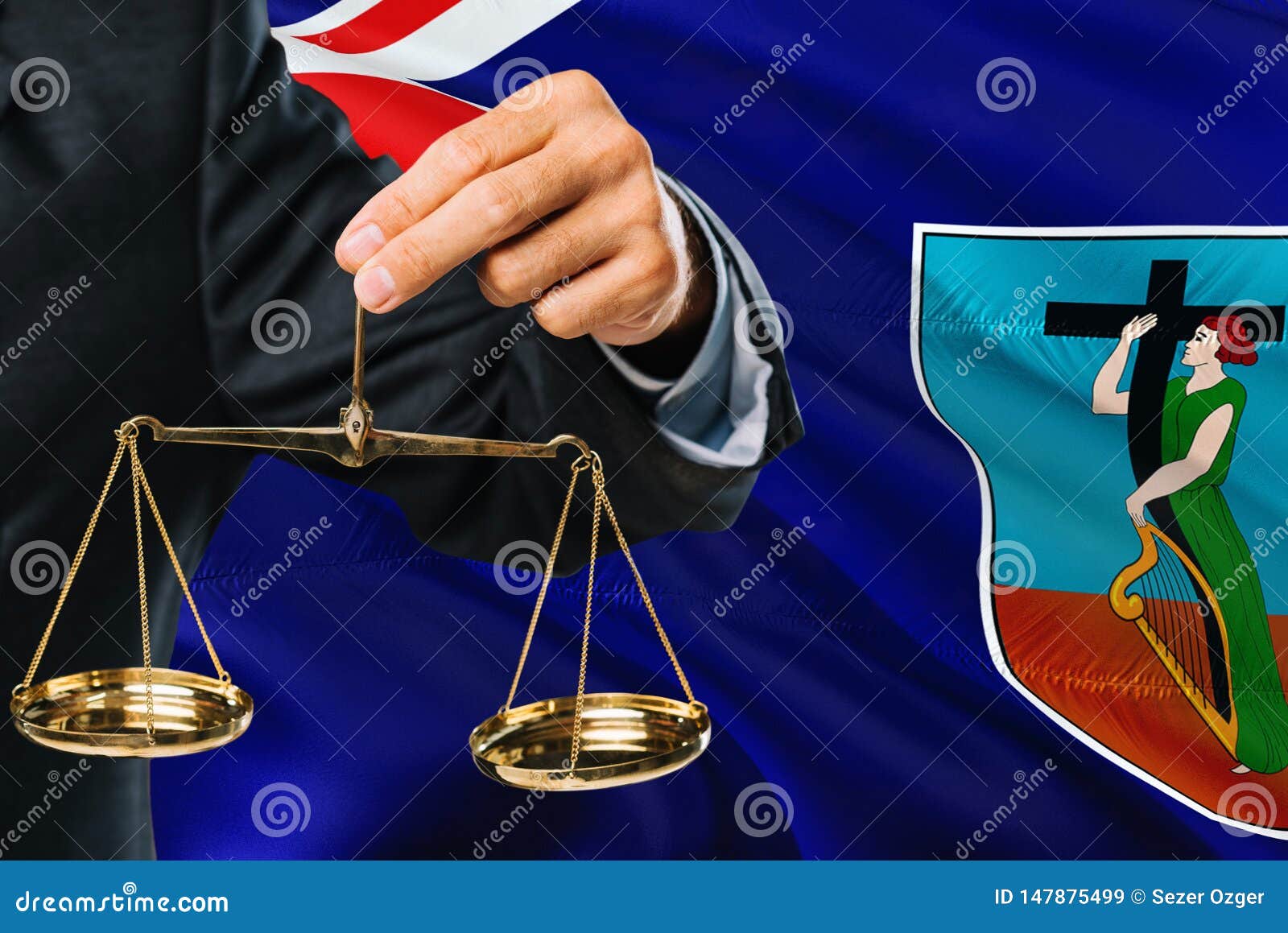 Judge Is Holding Golden Scales Of Justice With Montserrat Waving Flag