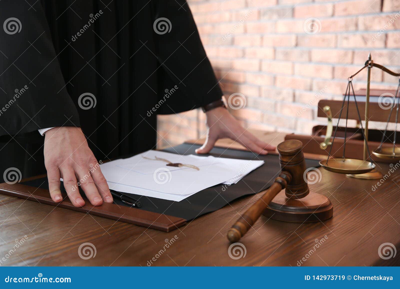 Judge with Papers at Table in Office, Closeup Stock Image - Image of ...
