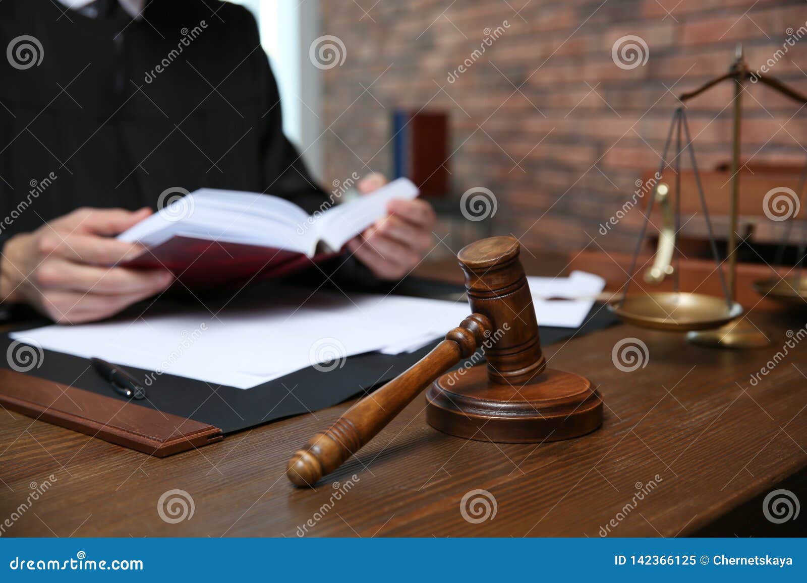 Judge Working at Table in Office, Focus on Gavel Stock Image - Image of ...