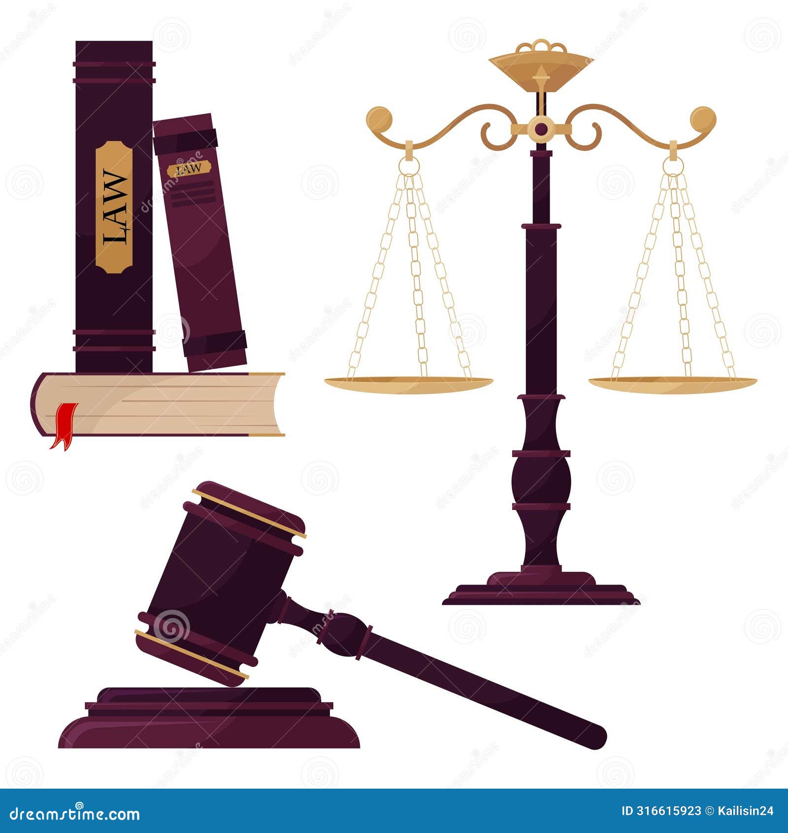 Set of Illustrations of a Court Case. Court. Symbols of Justice. Books ...