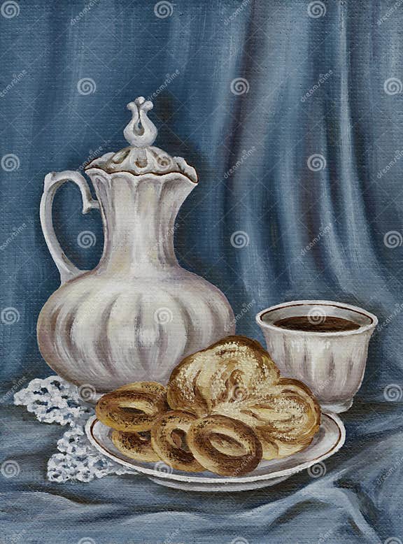 Jug, Fancy Bread and Coffee Cup Stock Illustration - Illustration of ...