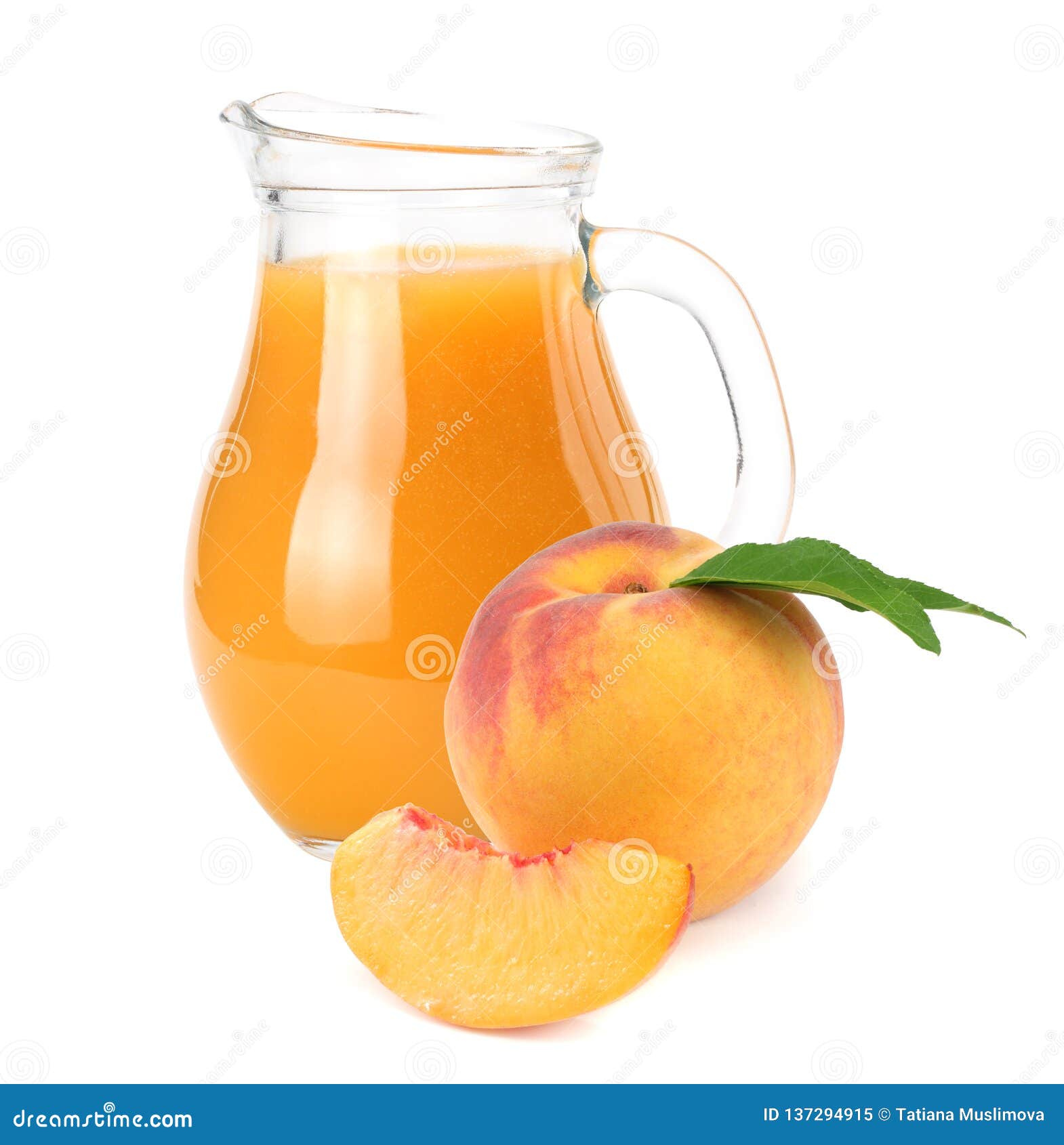 Jug of Peach Juice with Peach Fruit and Slices Isolated on White ...