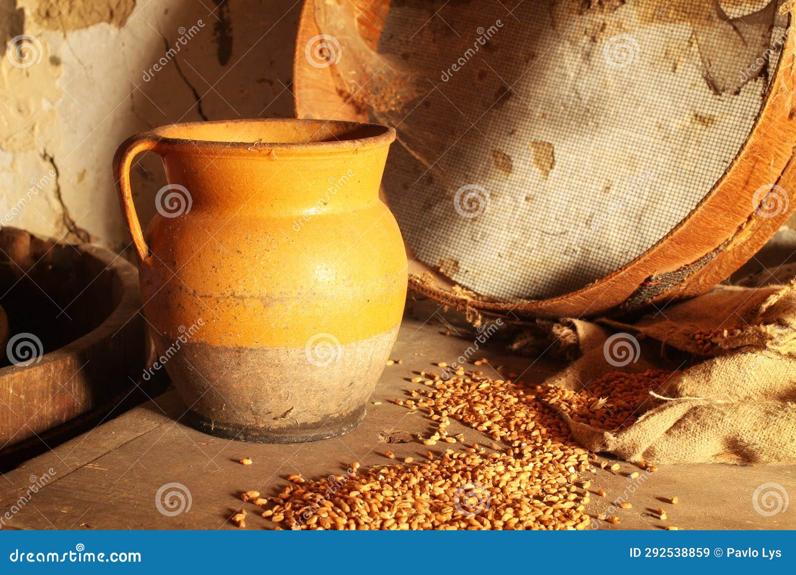 Jug, Sieve and Grain in an Old Barn Stock Image - Image of cooking ...
