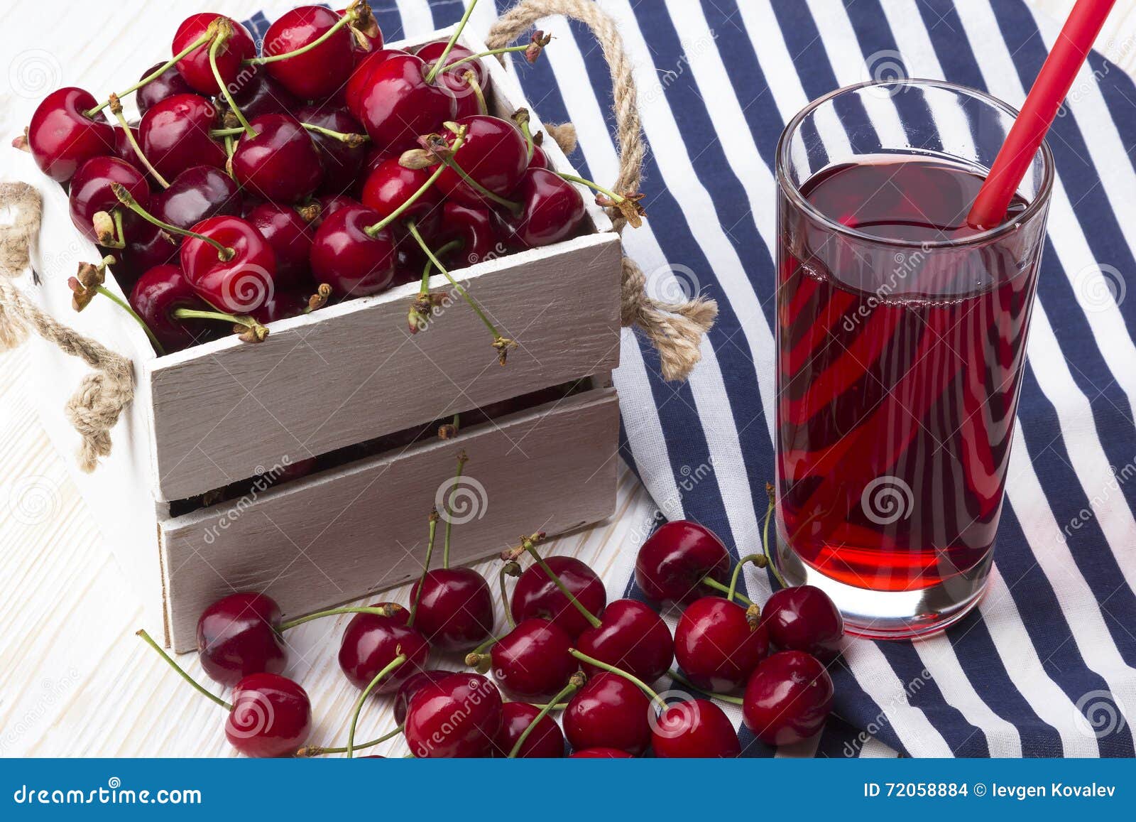 Juice and Red Cherries in a Wooden Box Stock Photo - Image of cherry ...