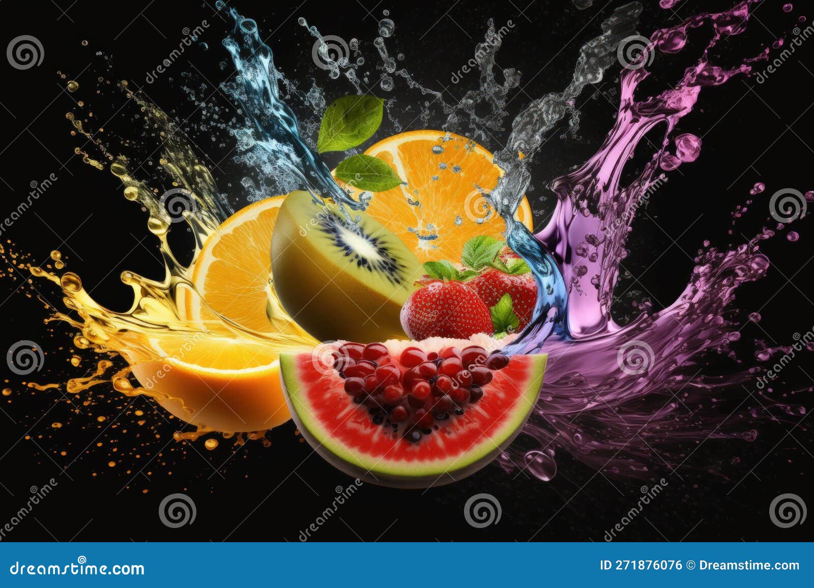 Juice Splashes with Various Fruits. Fruit Juice Blend Stock ...
