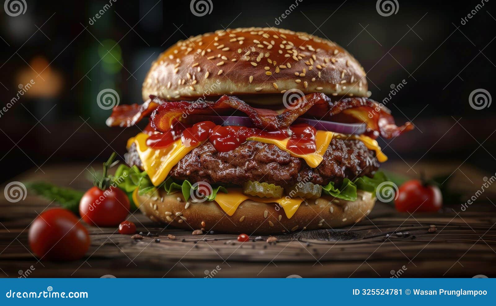 A Juicy Burger with Bacon, Cheese, and Red Onion on a Sesame Seed Bun ...