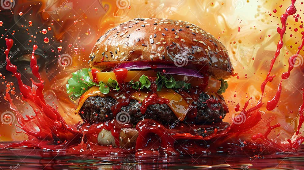 A Juicy Burger with Cheese, Lettuce, Tomato and Onion, Exploding with ...