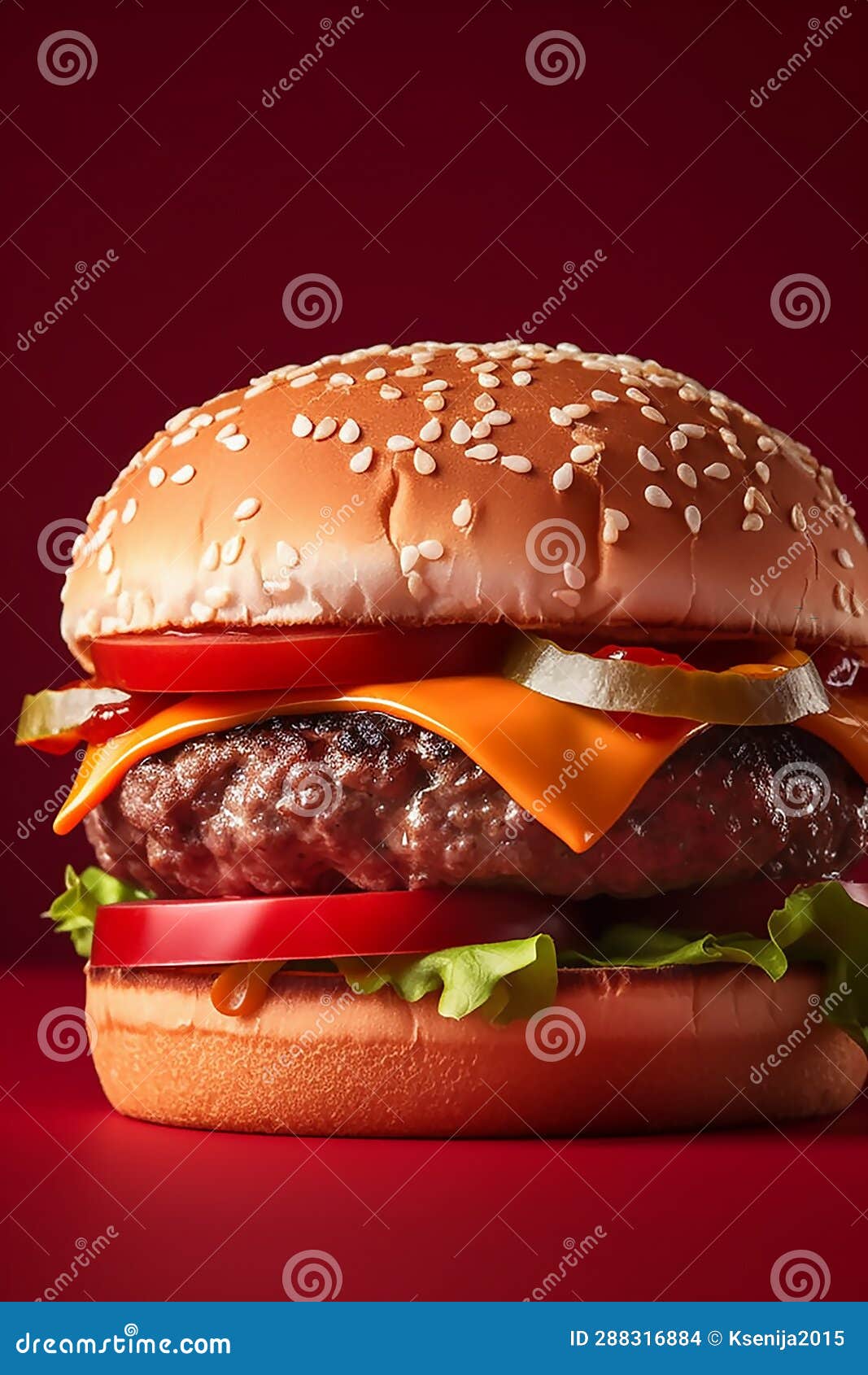 Juicy Burger on a Red Background, Space for Text Stock Illustration ...