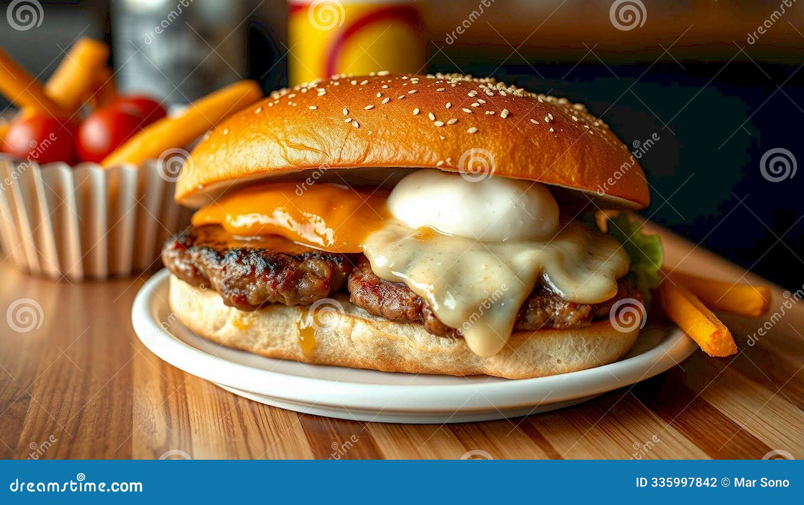 A Juicy Cheeseburger with Melted Cheese and Fries on a Plate Stock ...
