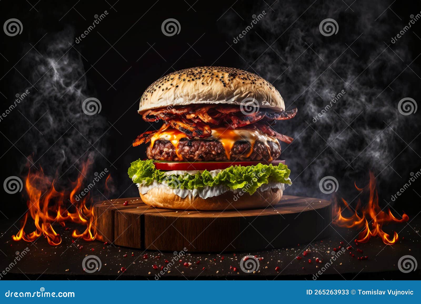 Juicy Dripping Burger with Smoke and Fire in the Background Stock ...