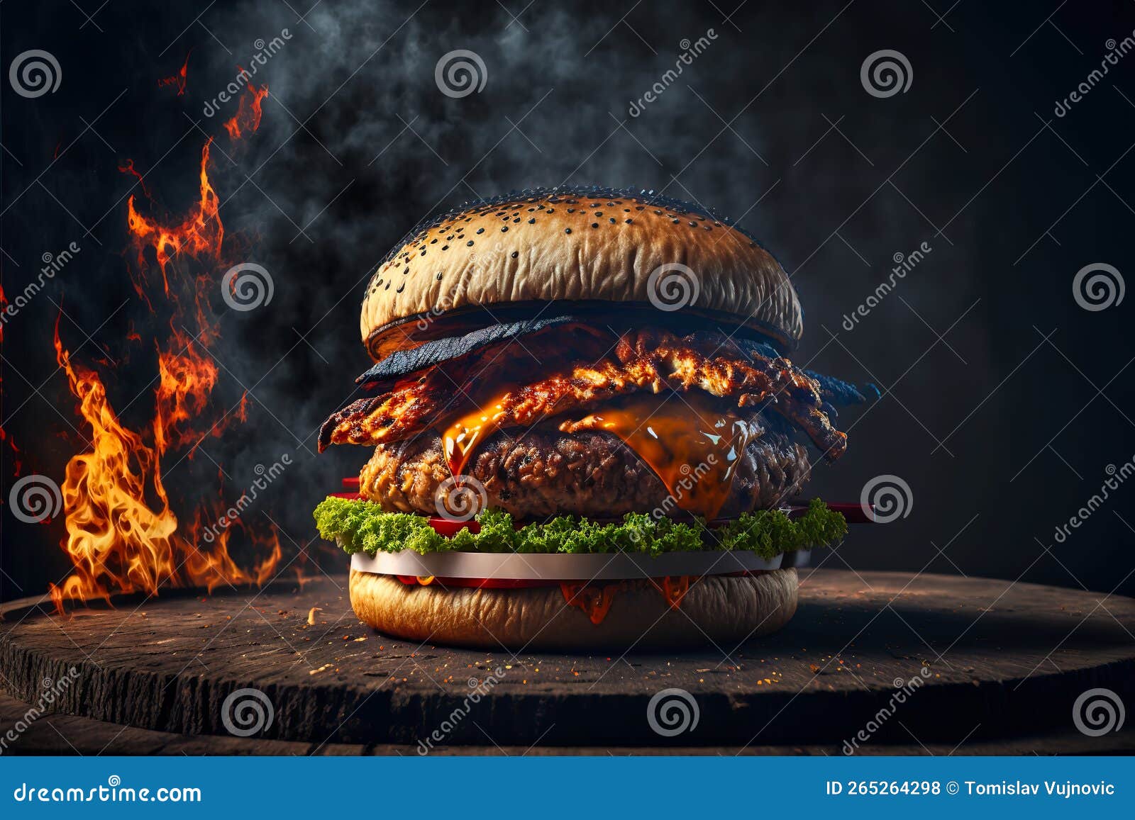 Juicy Dripping Burger with Smoke and Fire in the Background Stock ...