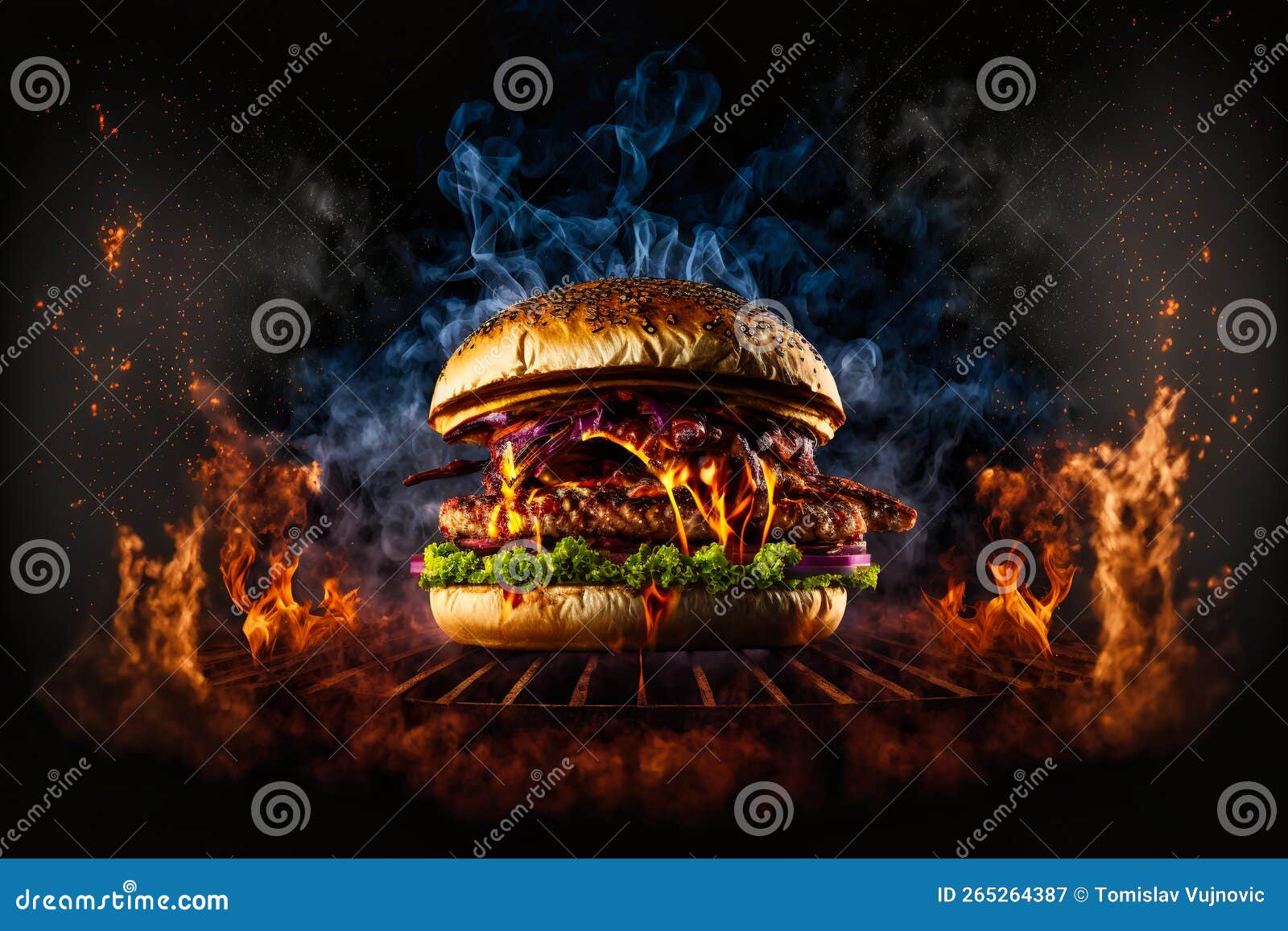 Juicy Dripping Burger with Smoke and Fire in the Background Stock ...