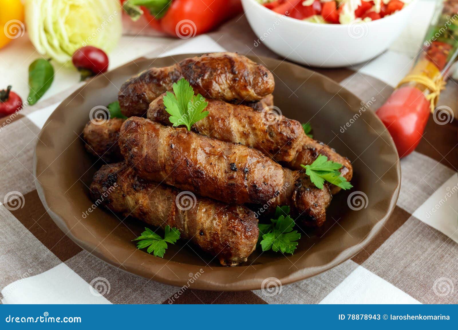 Juicy Grilled Rolls of Minced Meat Wrapped in Bacon Stock Image - Image ...