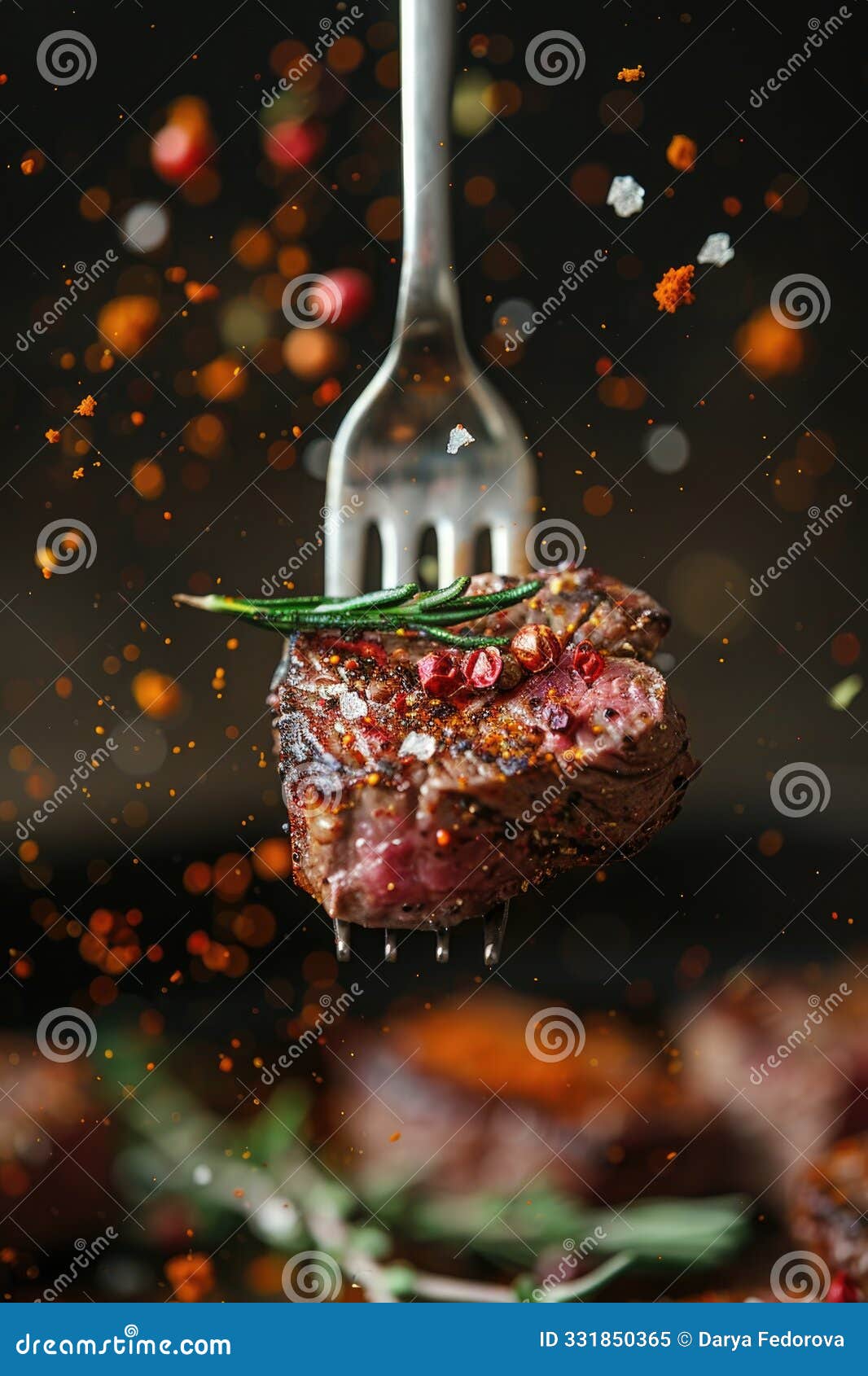 Juicy Grilled Steak on Fork with Herbs and Spices Falling Dramatically ...