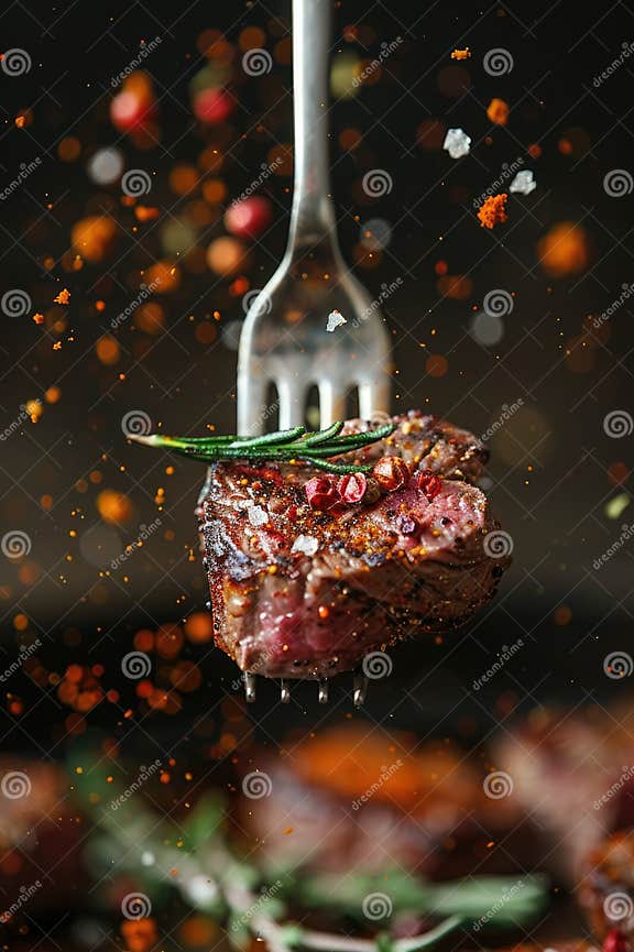 Juicy Grilled Steak on Fork with Herbs and Spices Falling Dramatically ...