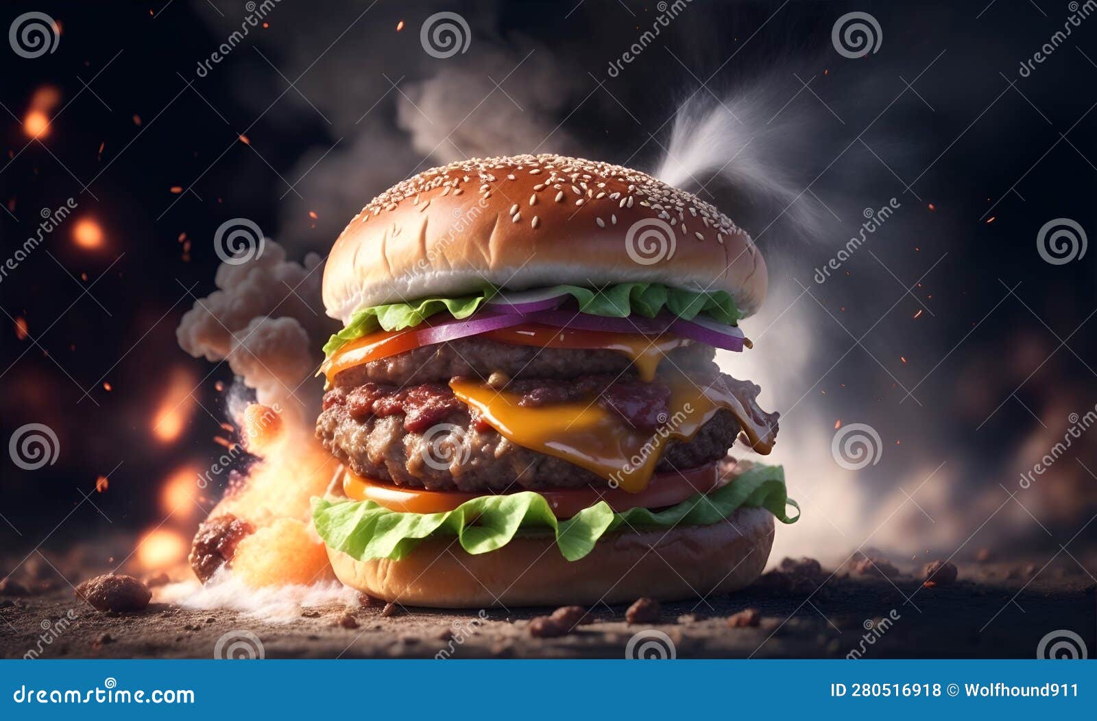 Juicy Hamburger on Fire. Generative AI. Stock Illustration ...