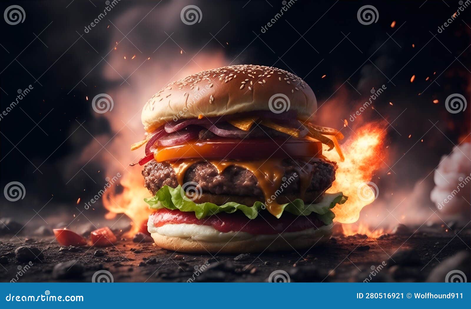 Juicy Hamburger on Fire. Generative AI. Stock Illustration ...