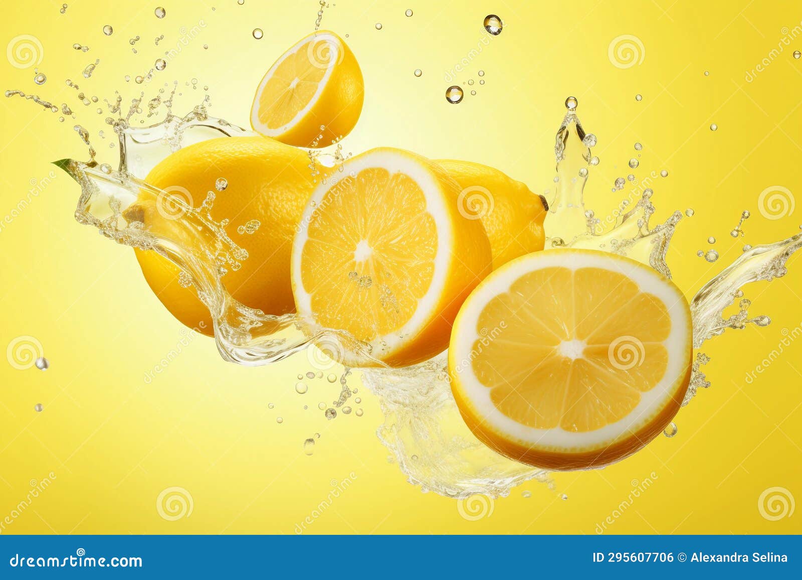 Juicy Lemons Flying in the Air with Splashes of Water on Yellow Background. AI Generated Stock ...