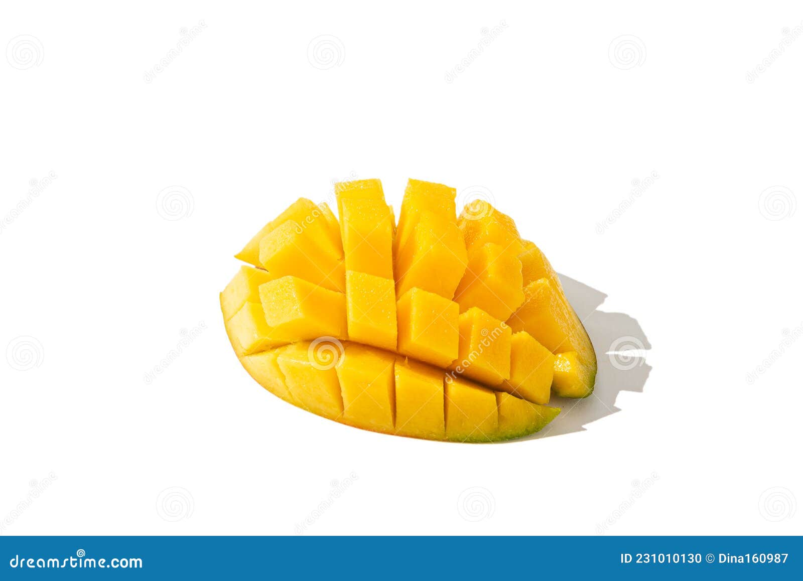 Juicy Mango Cut in Cubes Isolated on White Background. Side View Stock ...