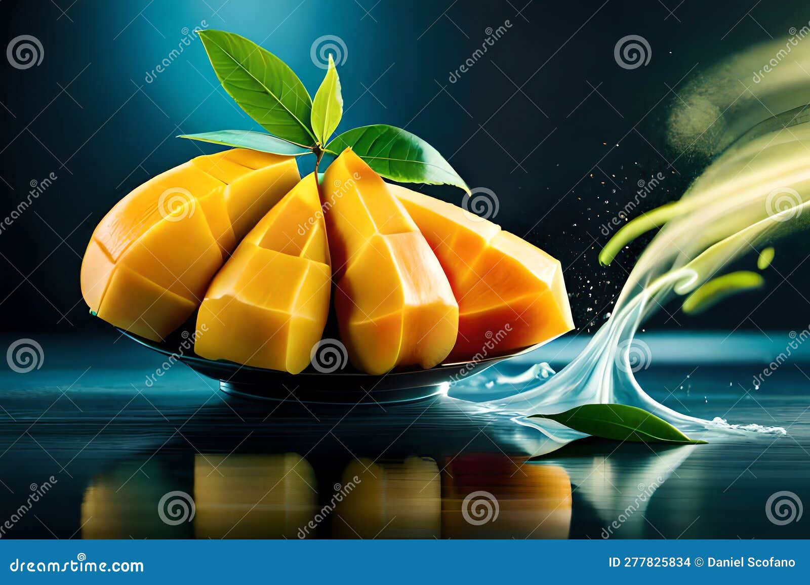 Juicy Mango Slices and Leaves on Dark Background with Dramatic Splash ...