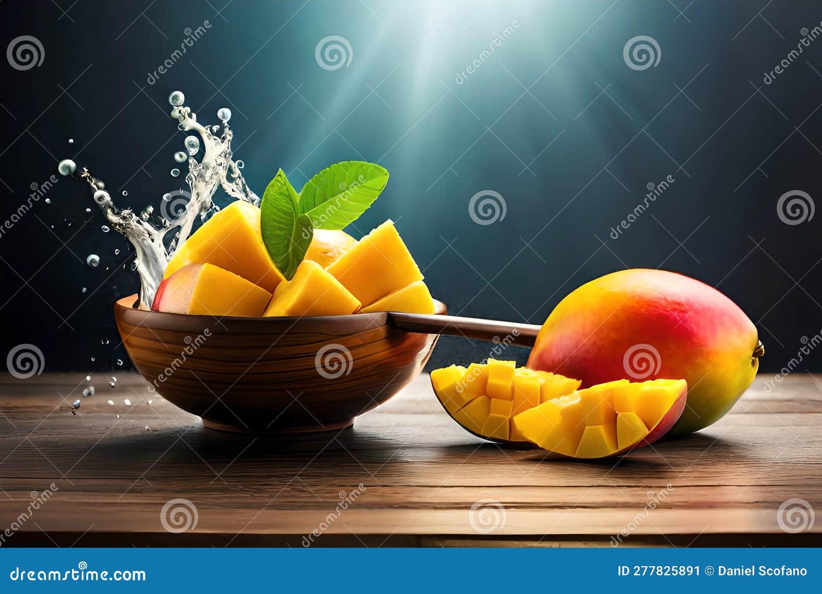 Juicy Mango Slices and Leaves on Dark Background with Dramatic Splash ...