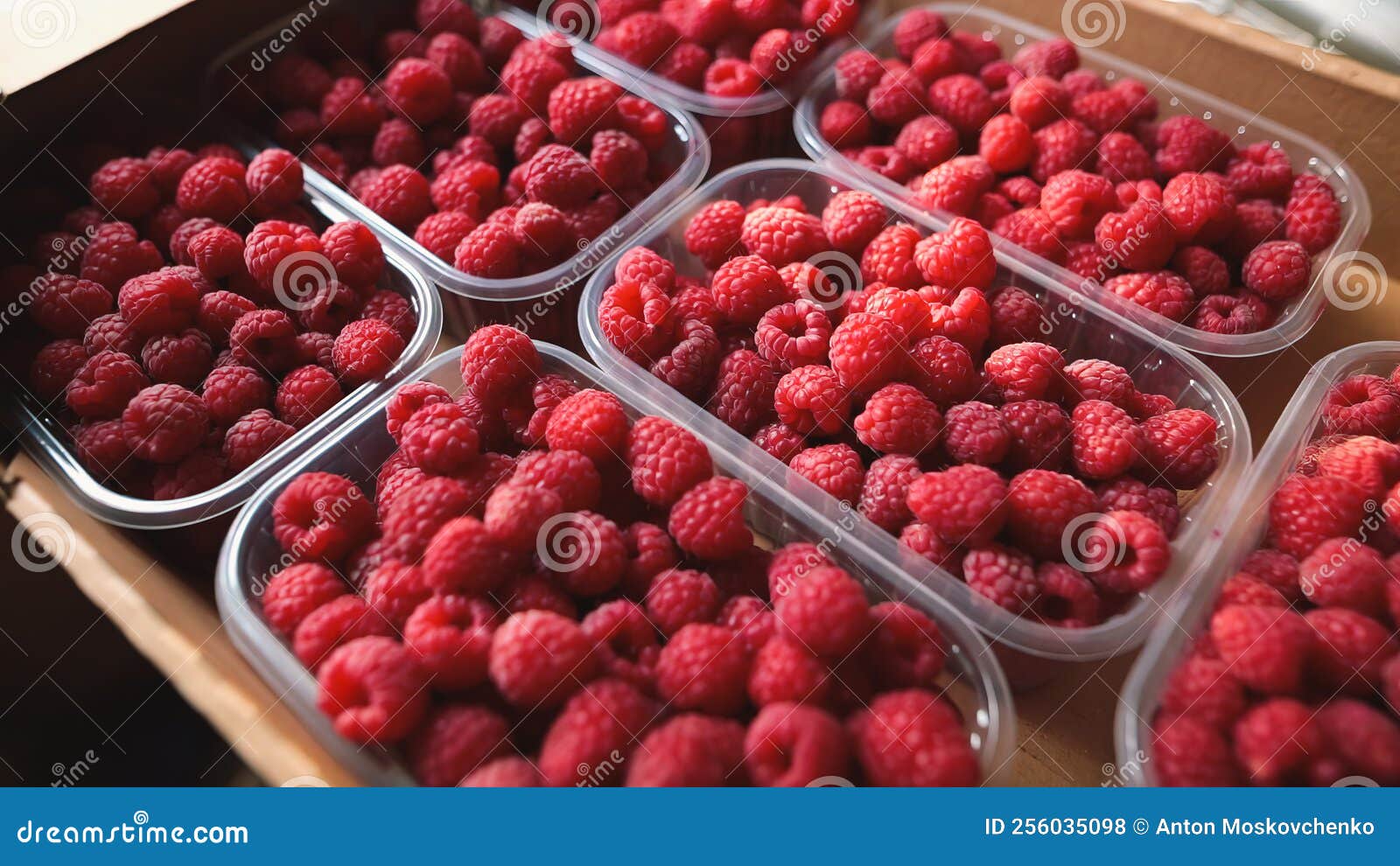 Juicy Organic Raspberries in Plastic Boxes Inside a Box. Stock Photo ...