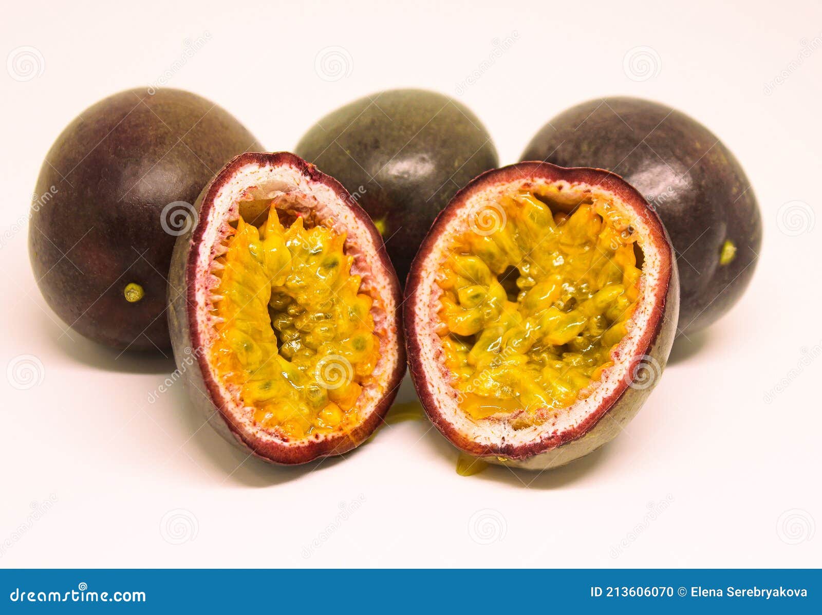 Juicy Passion Fruit Pulp Passion Fruits Whole And Cut In Half Stock