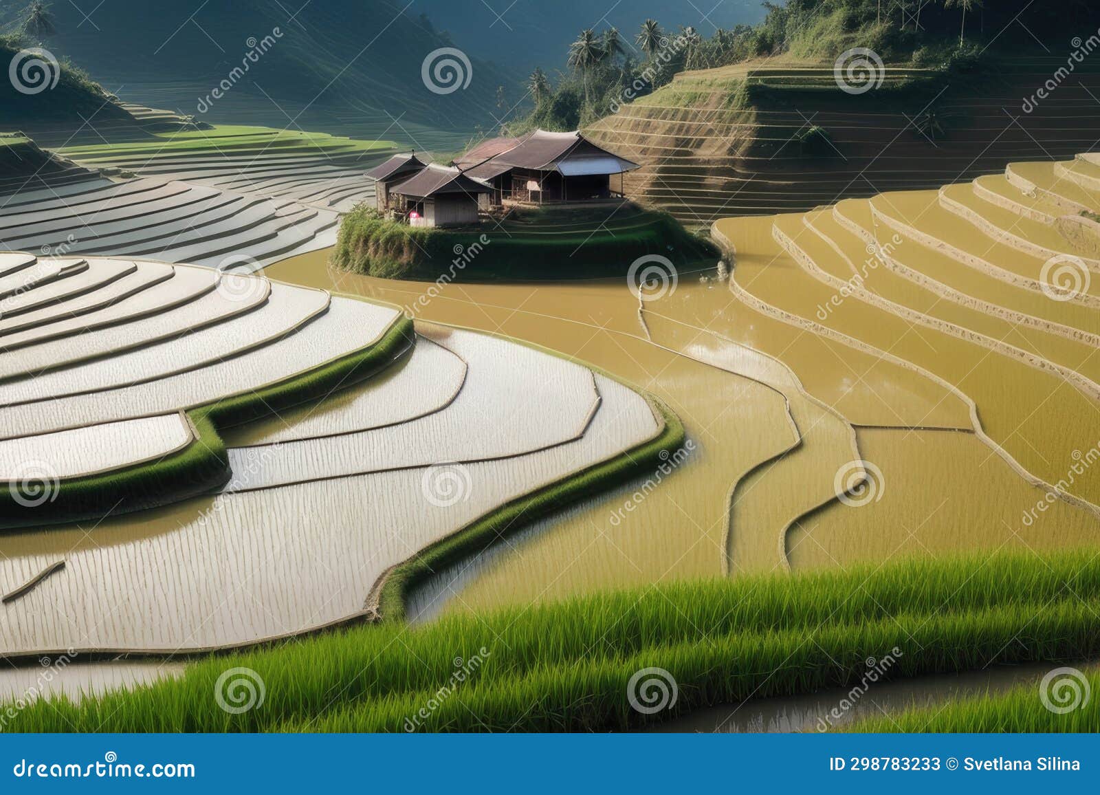 Juicy Rice Fields on Hills with Water Stock Illustration - Illustration ...