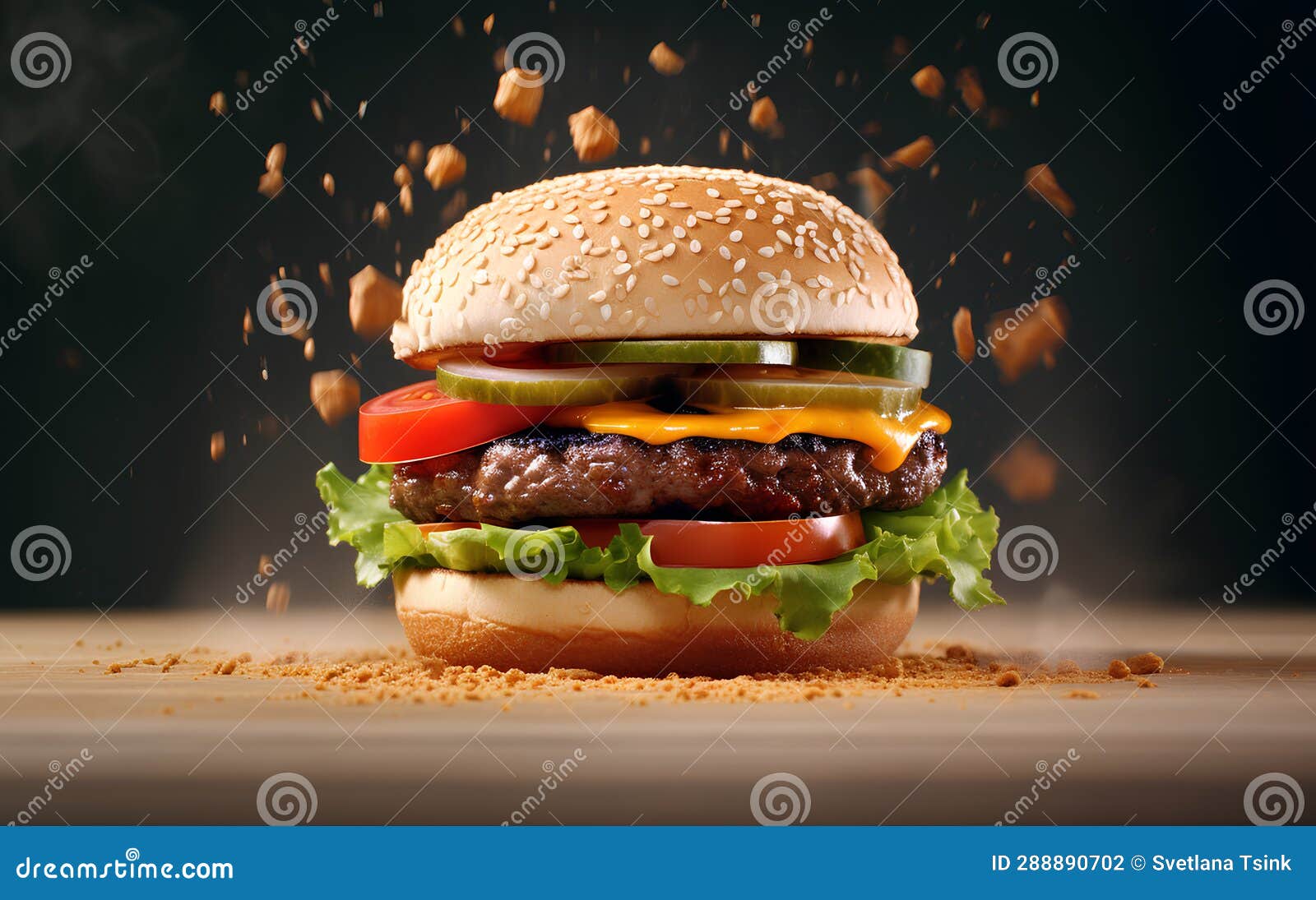 Juicy Soaring Burger with a Splash of Sauce. Stock Photo - Image of ...