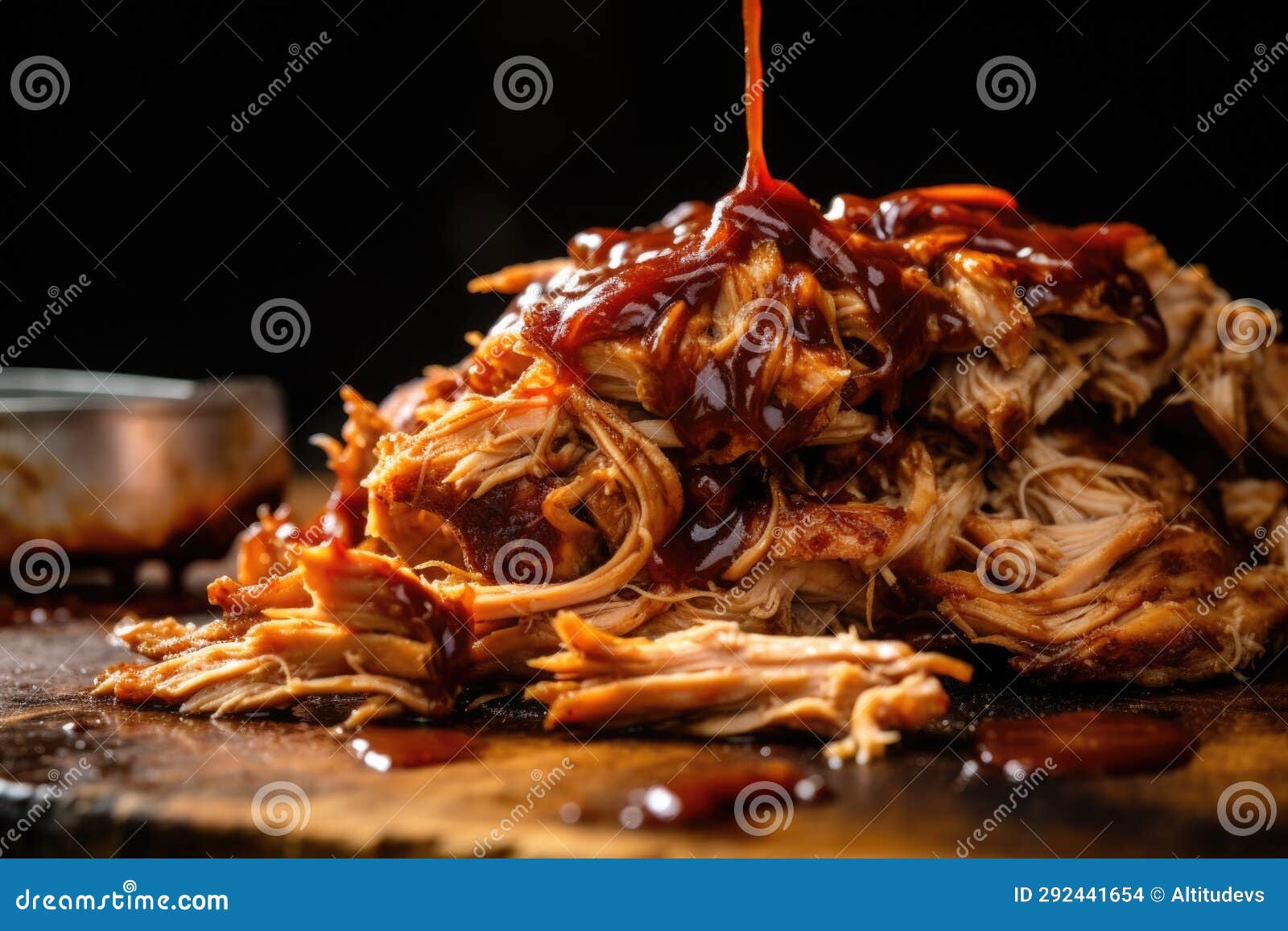 Juicy Textures of Pulled Chicken Saturated in Bourbon Bbq Sauce Stock ...