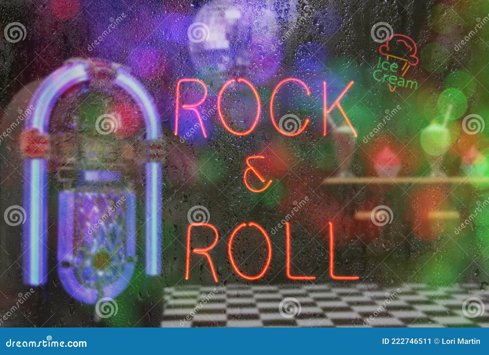 Jukebox in Bar with Neon Signs - Rock and Roll Rainy Window Image Stock ...