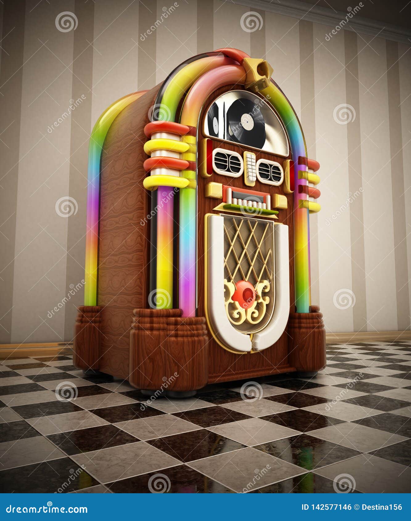 Jukebox Standing on Checkers Ground Next To the Wall. 3D Illustration ...