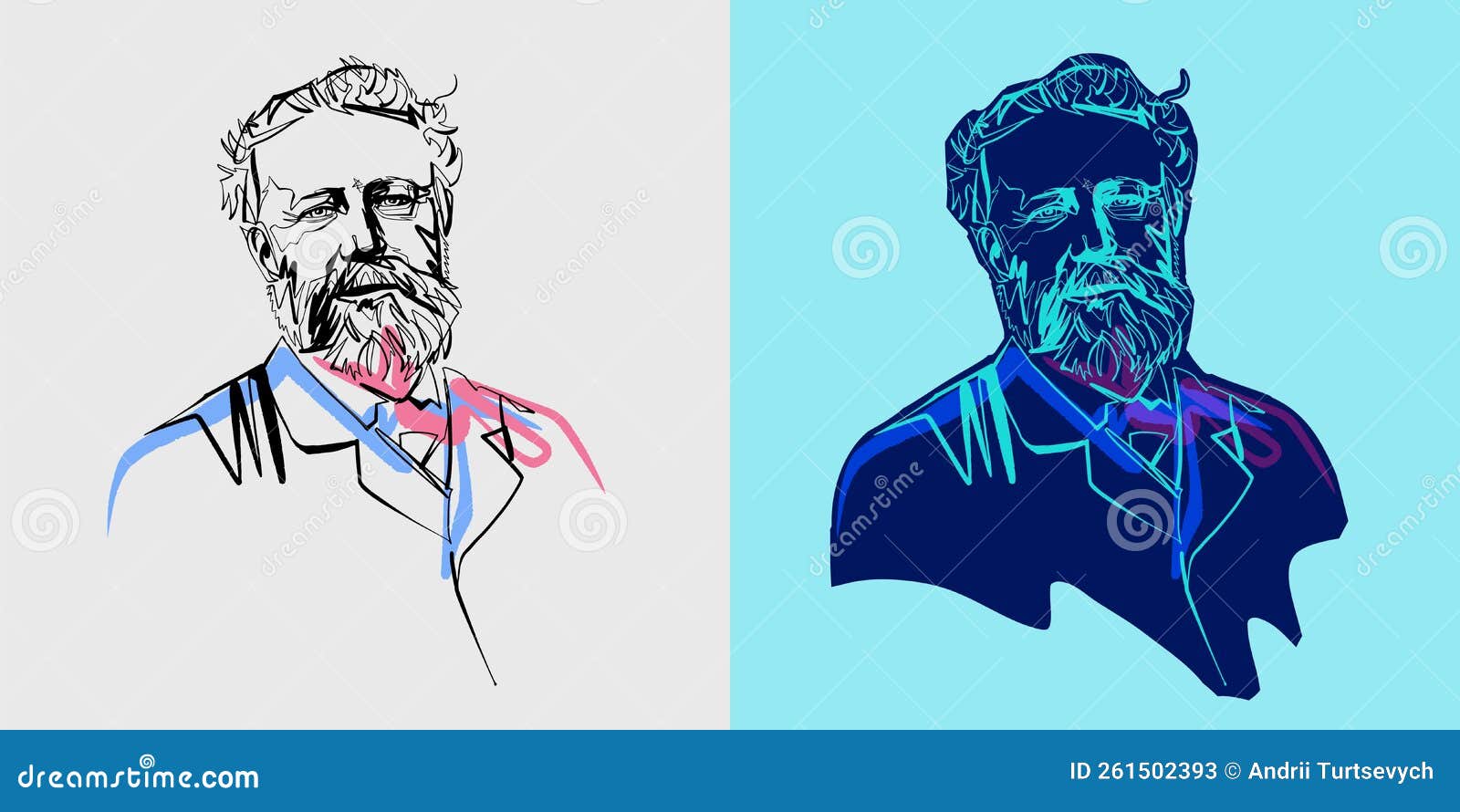 Jules Verne Portrait, French Writer, Continuous Line, Vector Set of 2 ...
