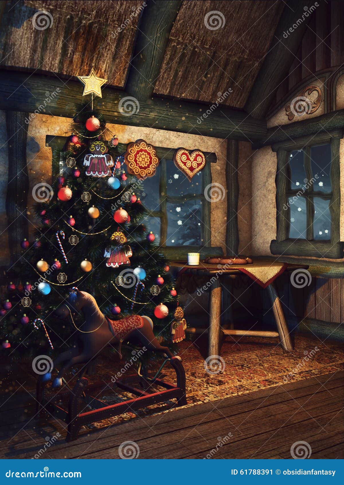 Julgran i en gammal stuga stock illustrationer. Illustration av ...