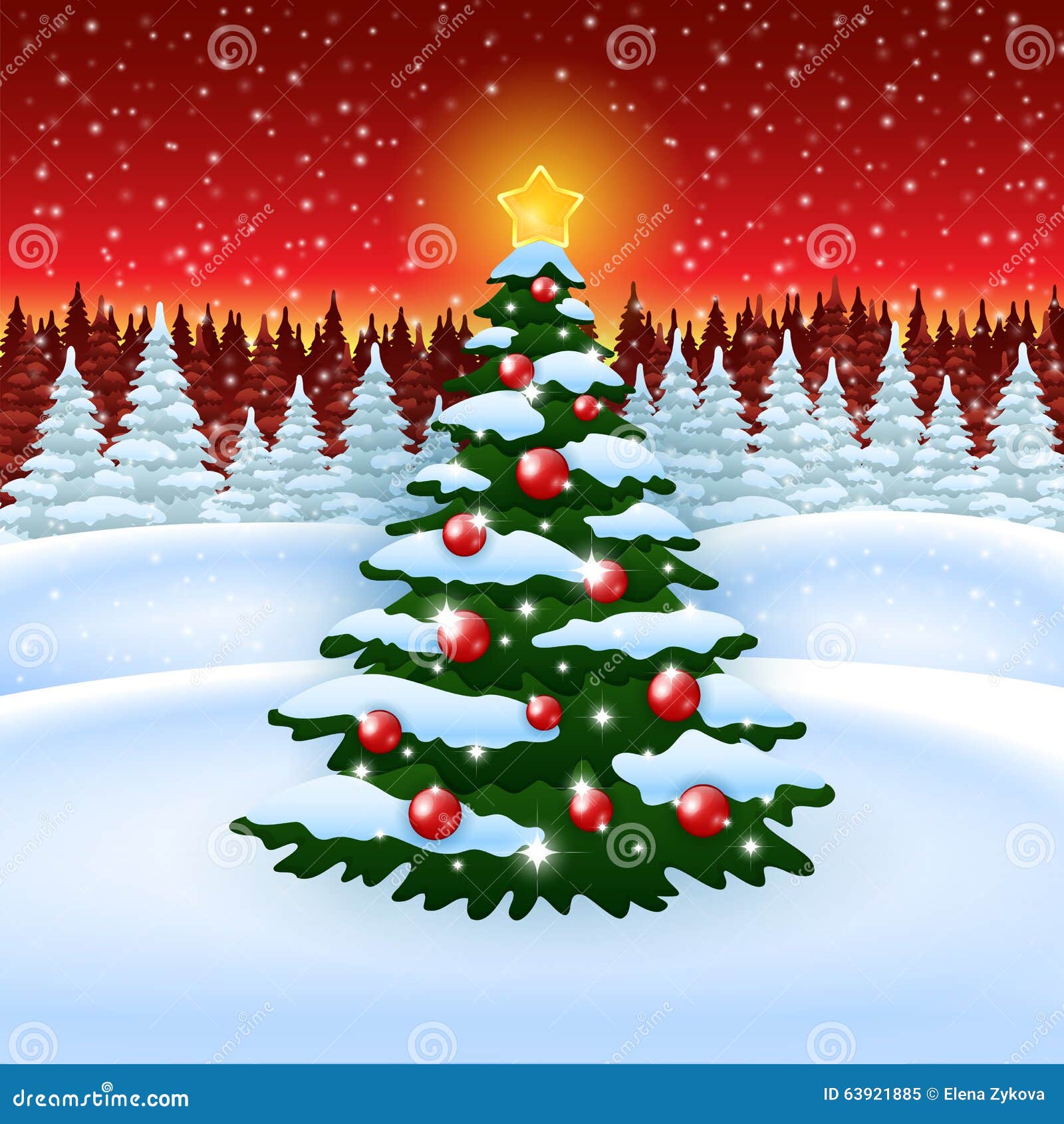 Julgran Med Garnering I Skogen Vektor Illustrationer - Illustration av ...