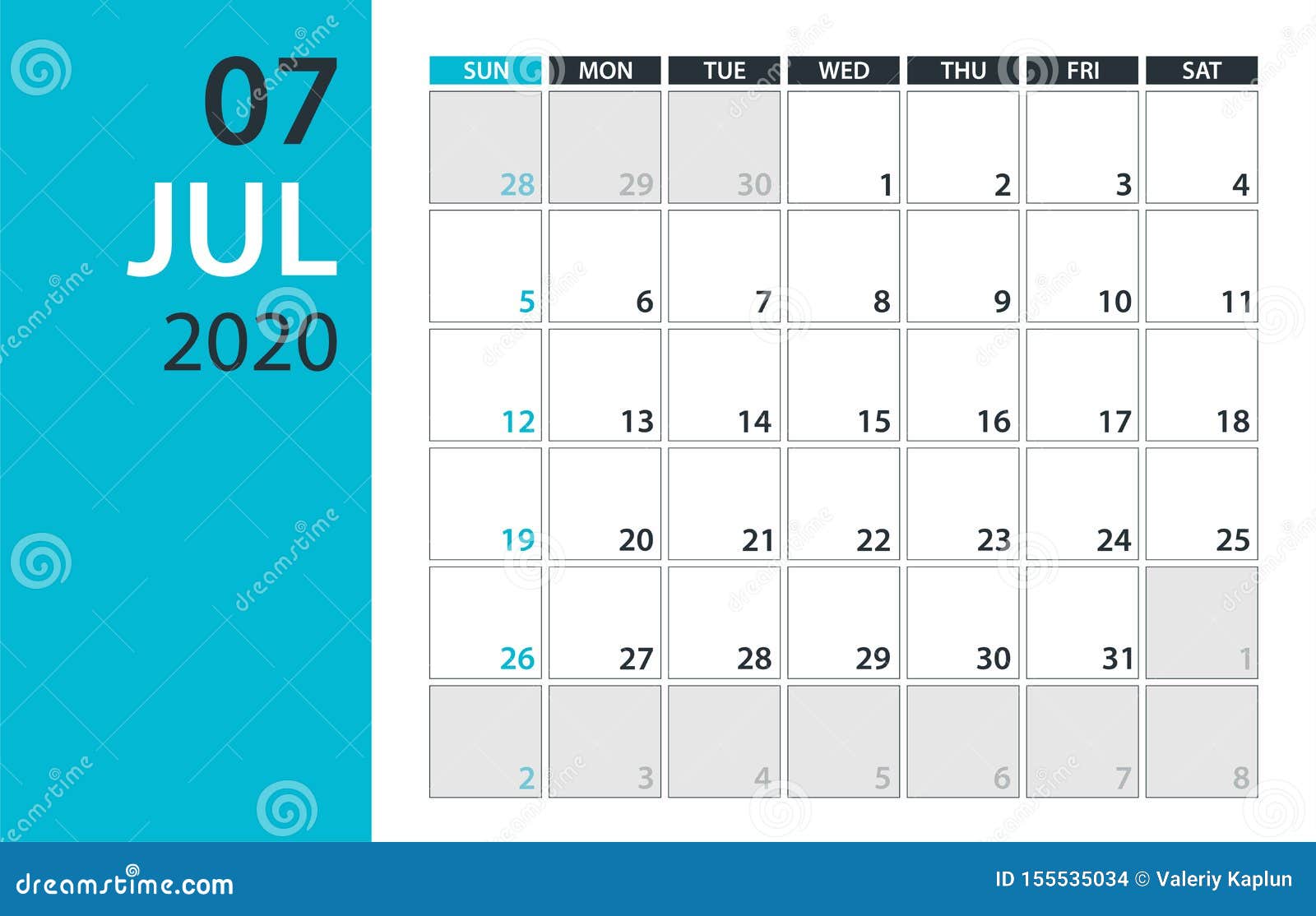 Juli 2020 De Planner Van De Kalender - Vectorillustratie. Sjabloon ...