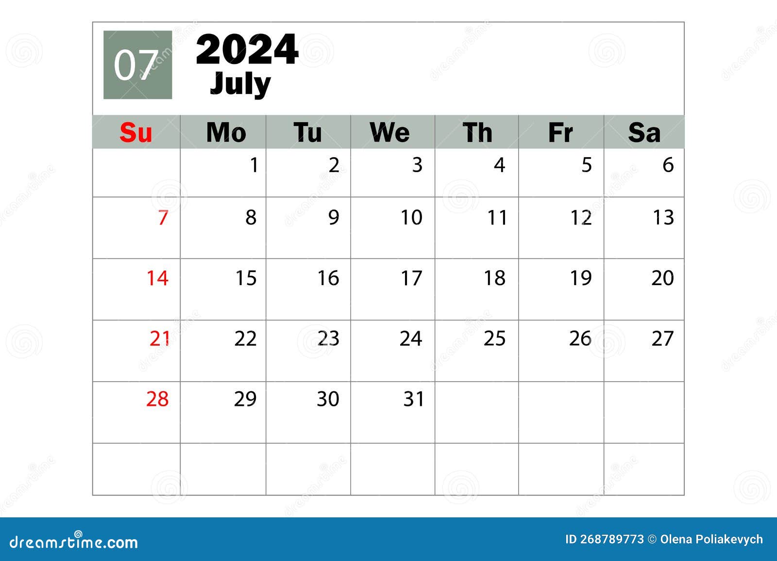 July 2024 Calendar. Diary Calendar. daily Planner. Vector Illustration ...